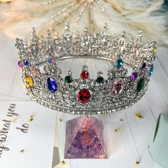 Handmade | Accessories | Rainbow Rhinestone Crown Silver Crown Wedding ...